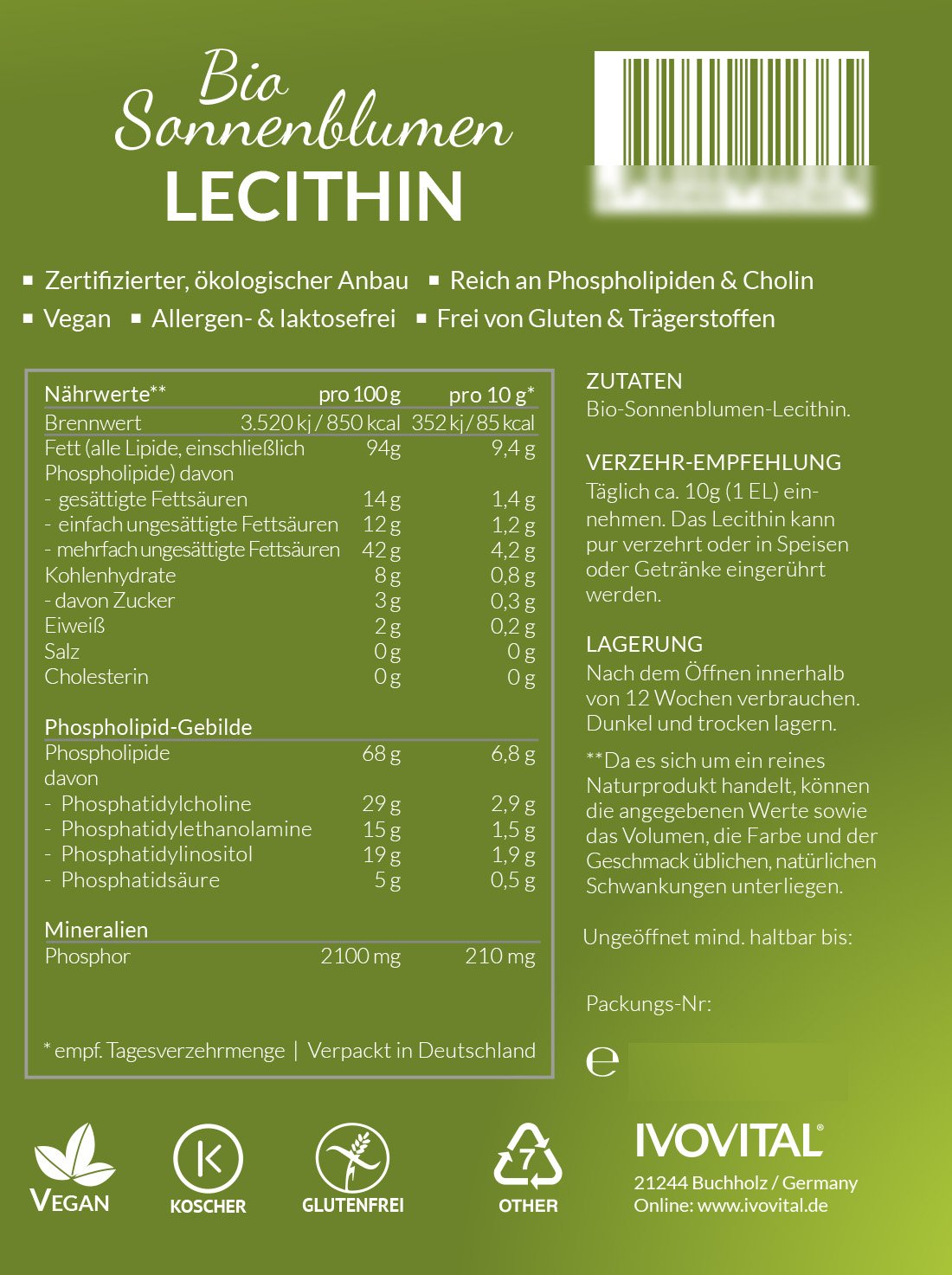 Organic Sunflower Lecithin, fluid - IVOVITAL Lecithin-Shop